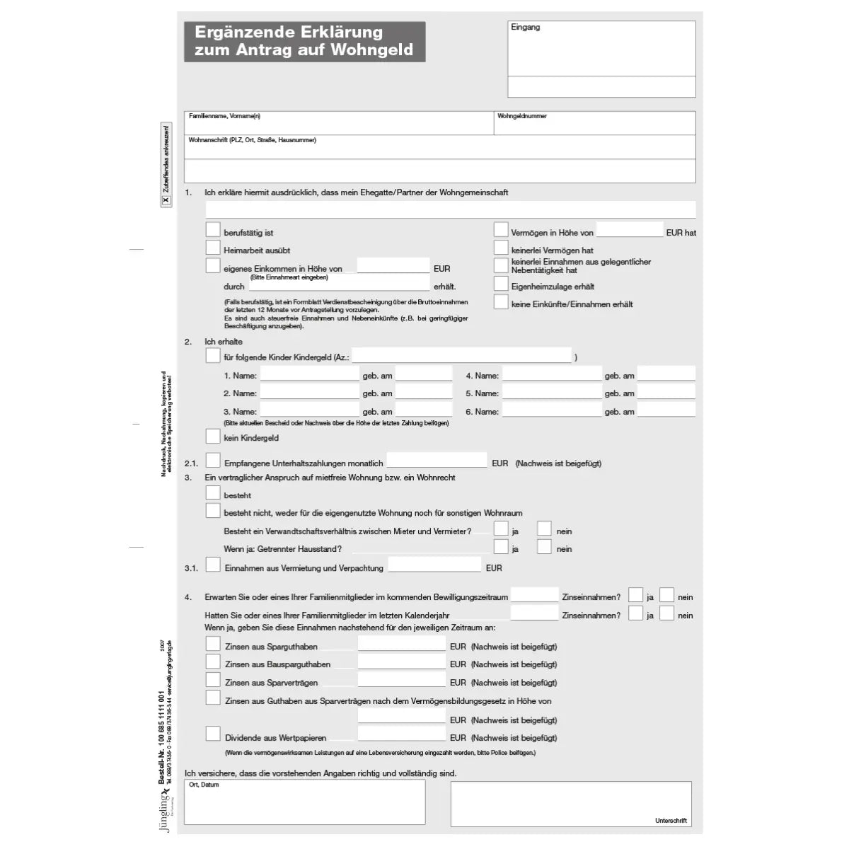 Ergänzende Erklärung zum Antrag auf Wohngeld, A4 – Kommondo GmbH
