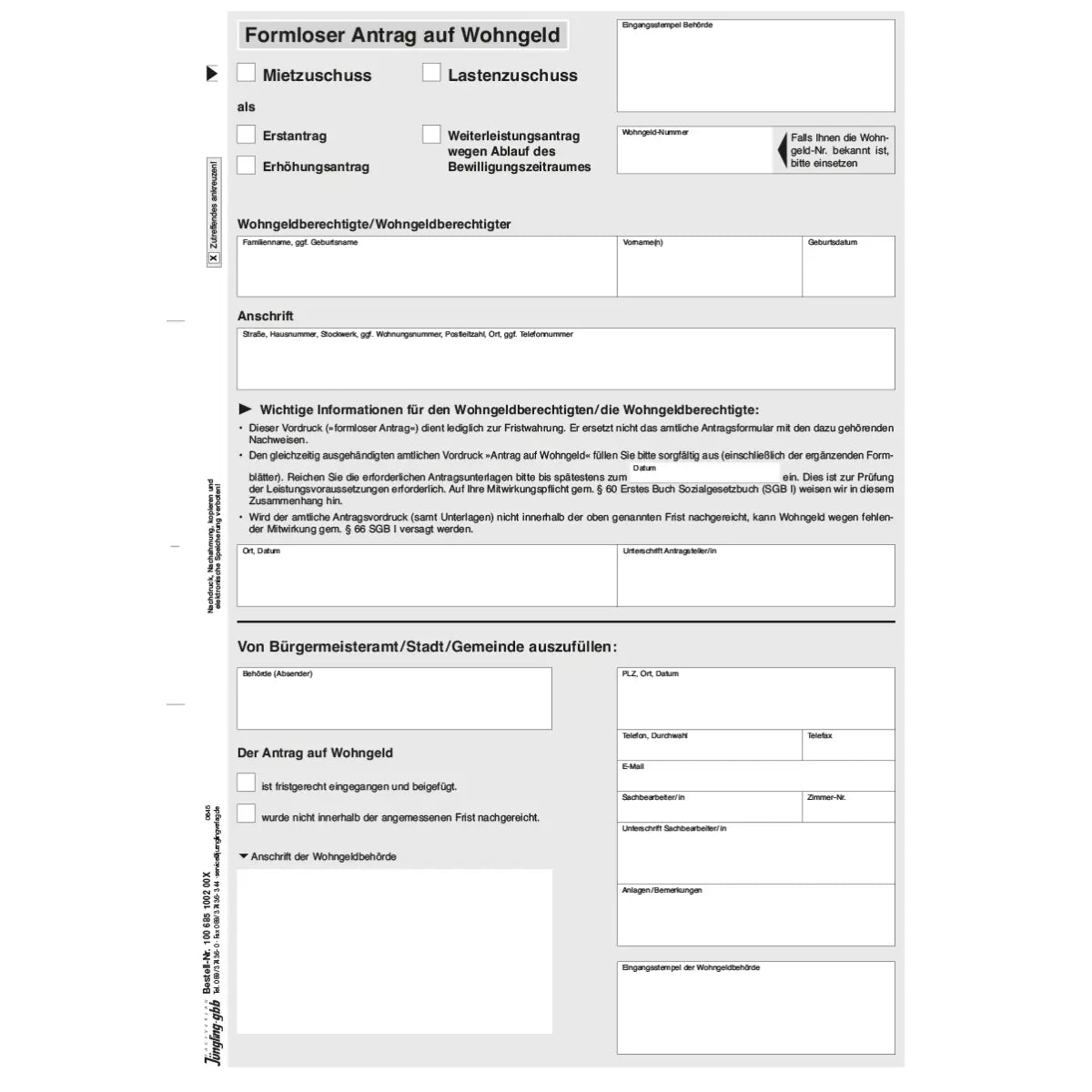 Formloser Antrag auf Wohngeld Mietzuschuss/ Lastenzuschuss, A4, gebloc ...